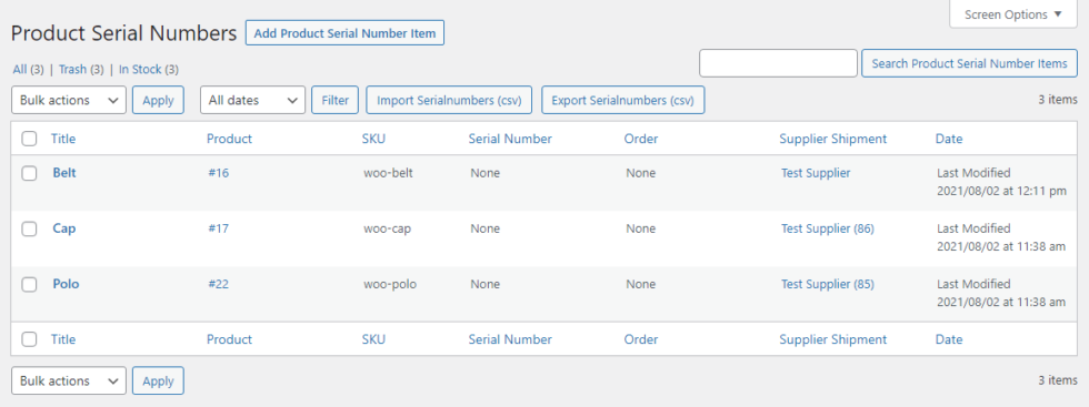 Product Serial Number Screen - WP Overnight Documentation